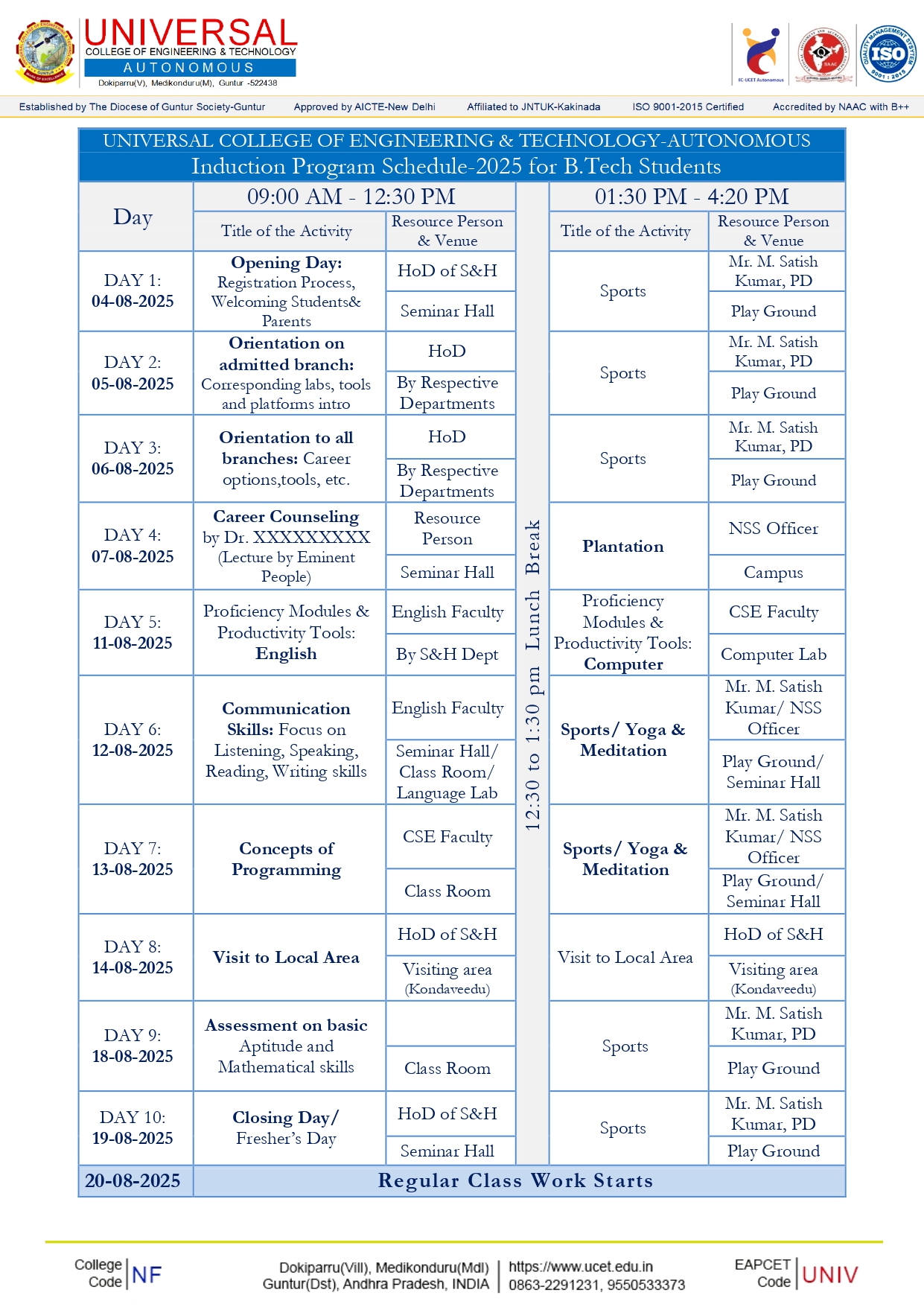 B.Tech First Year INDUCTION PROGRAM-2025 Schedule - Universal College ...